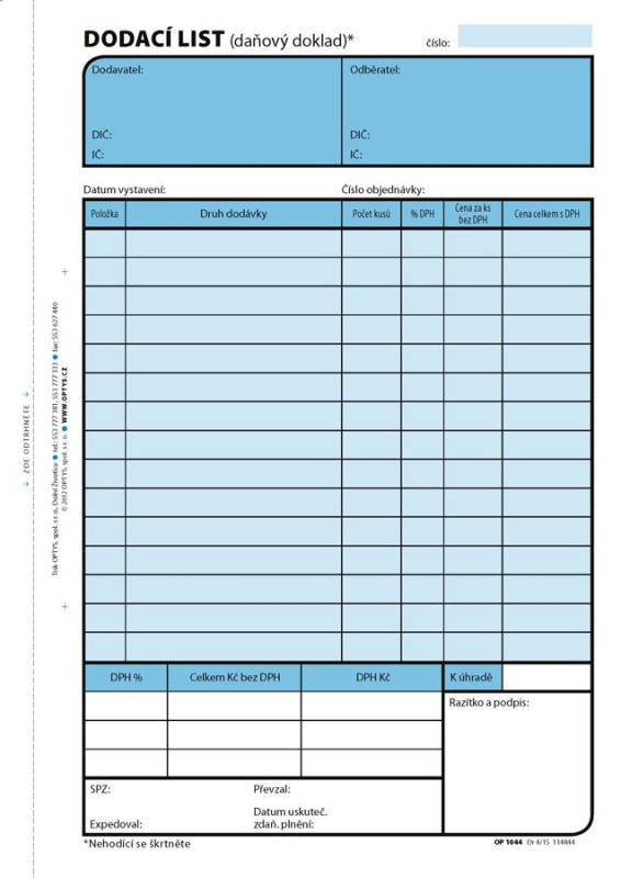 Dodací list A5, 100 listů | Optys.cz